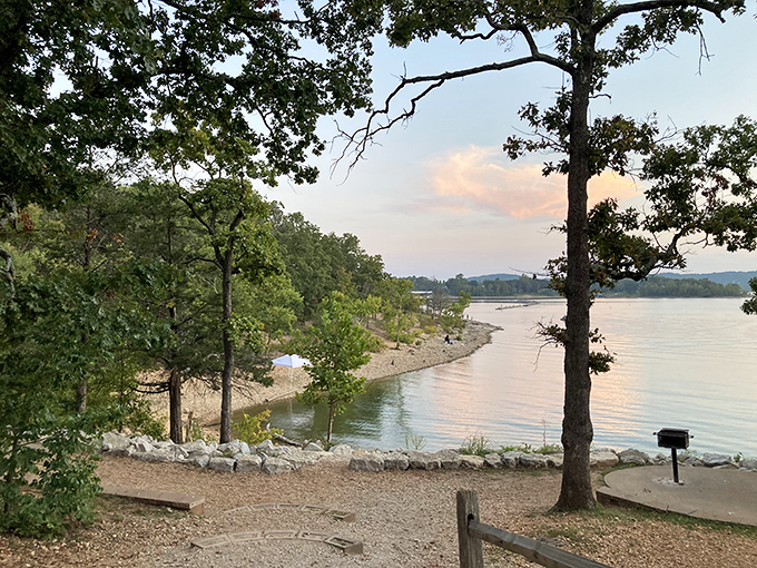 Sunset at Table Rock State Park paints the shoreline in golden hues. This peaceful cove invites you to dip your toes or cast a line.