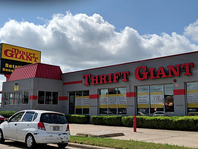 That red and yellow sign beckons like a lighthouse for thrifters navigating seas of retail markup. 