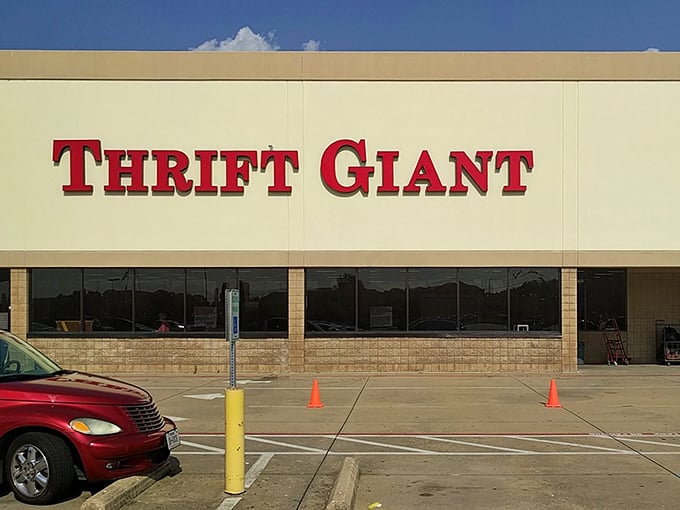 Bold red letters against cream-colored walls - this Thrift Giant stands ready for bargain adventurers.