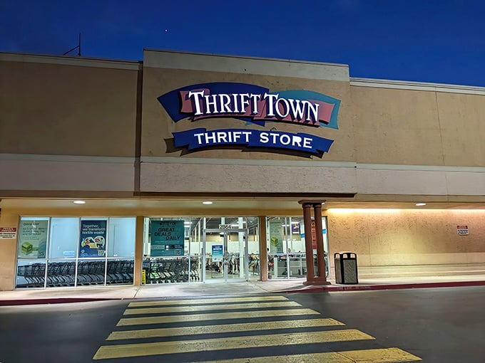 Day or night, Thrift Town beckons bargain hunters. The Las Vegas of thrifting, minus the gambling (unless you count that questionable lamp).