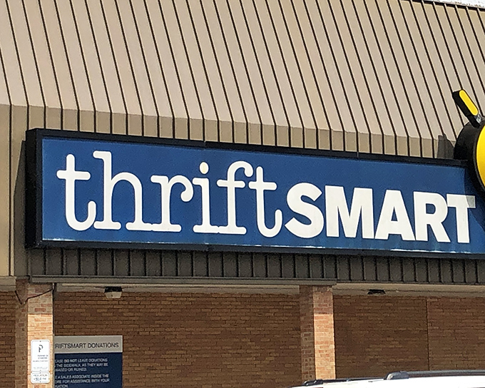 ThriftSmart's blue and white logo stands out against the tan building&mdash;like a lighthouse guiding bargain sailors to shore.