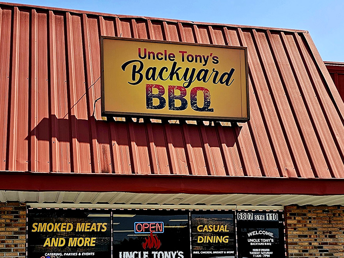 The "Smoked Meats and More" sign is the understatement of the year. This brick-faced beauty promises flavor without the fuss.