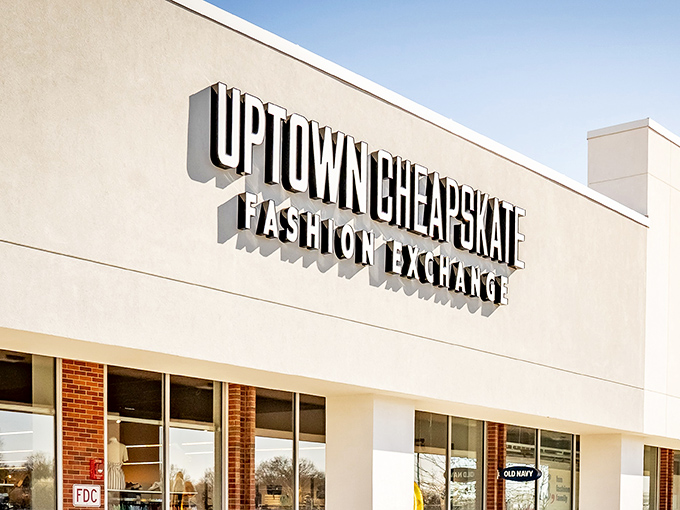 The clean lines and modern facade of Uptown Cheapskate promise a thrifting experience that's more "upscale boutique" than "rummage sale."