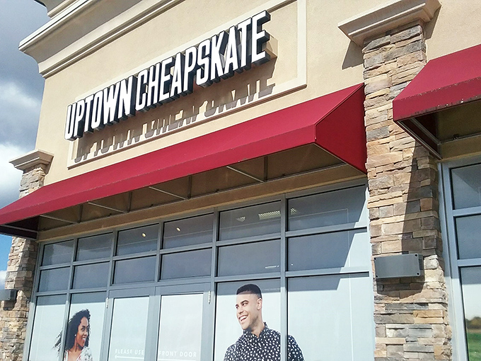 The clean lines and professional signage hint at the fashion gold mine waiting inside Uptown Cheapskate.