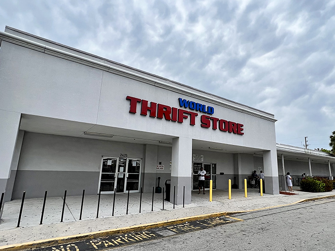 Under those cloudy skies sits a universe of treasures. World Thrift's unassuming exterior belies the bargain galaxy within.