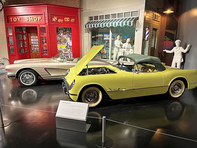 Vintage Corvettes displayed in a nostalgic Main Street setting. These aren't just cars&mdash;they're time machines with whitewalls and chrome bumpers.