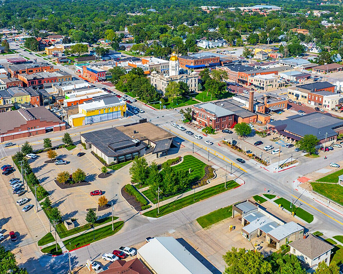 From above, Seward reveals its perfect town square design, with the courthouse standing sentinel amid a patchwork of brick buildings and green spaces.
