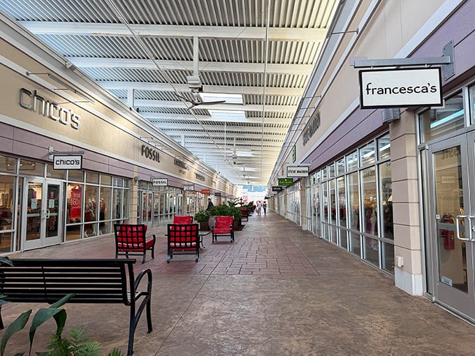 Fashion boulevard where wallet dreams come true. Chico's, Fossil, and Francesca's line this covered walkway that's mercifully protected from Georgia's famous "surprise showers."
