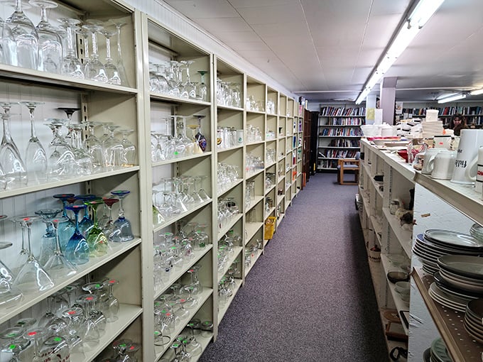 This glassware aisle stretches into what looks like infinity, packed with crystal and stemware waiting for their second act.