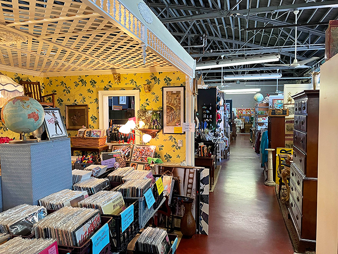 Every aisle tells a story, with vintage vinyl records leading the way past yellow floral wallpaper that would make your grandma say, "I had that!"
