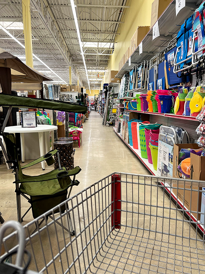 Shopping carts become vessels of possibility here. That folding chair might just be the MVP of your next backyard gathering.