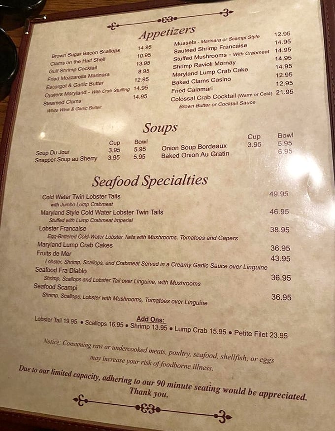 This menu isn't just a list—it's a treasure map. X marks the spot where cold-water lobster tails meet jumbo lump crabmeat.