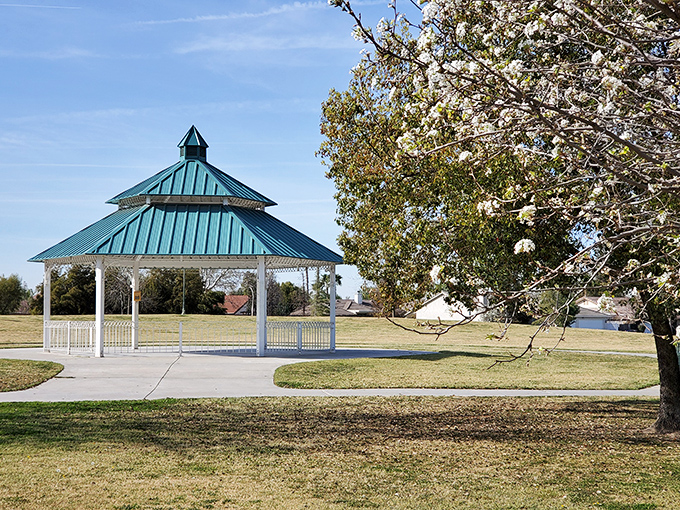 This peaceful gazebo at Almondale Park offers a perfect spot for contemplation, or for plotting your next meal while pretending to exercise.