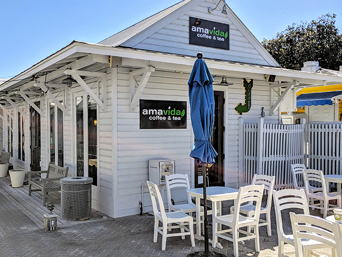 Amavida Coffee's pristine white cottage serves ethical brews with a side of coastal charm. Those outdoor tables practically beg you to linger over your latte.