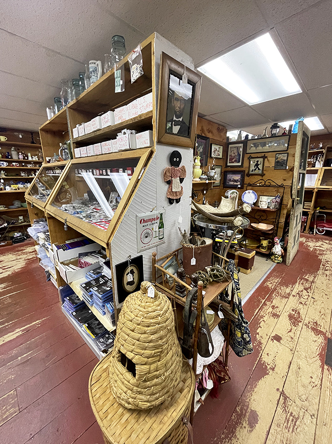 This corner could be titled "Organized Chaos of American Nostalgia." That woven beehive basket is practically begging to go home with someone.