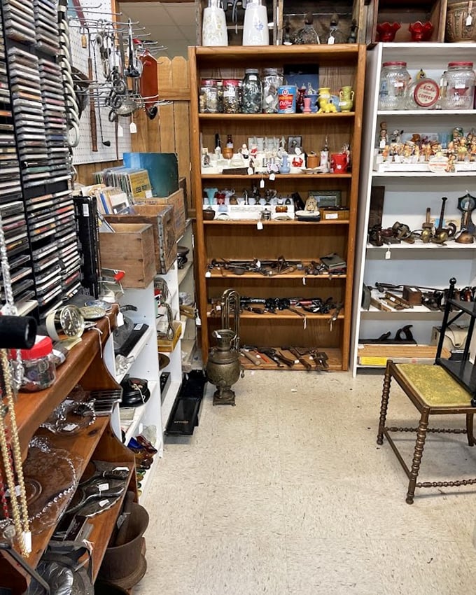 Tools of yesteryear line these shelves like a hardware store from your grandfather's memories. Each item tells a story of craftsmanship and purpose.