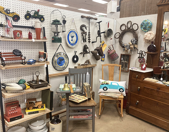 A pegboard paradise where St. Louis Blues memorabilia shares wall space with vintage tools that could tell stories of houses built generations ago.