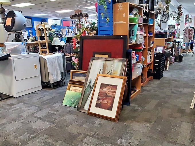 One person's discarded artwork becomes another's conversation piece. That sunset landscape might have hung in someone's lake cabin for decades.