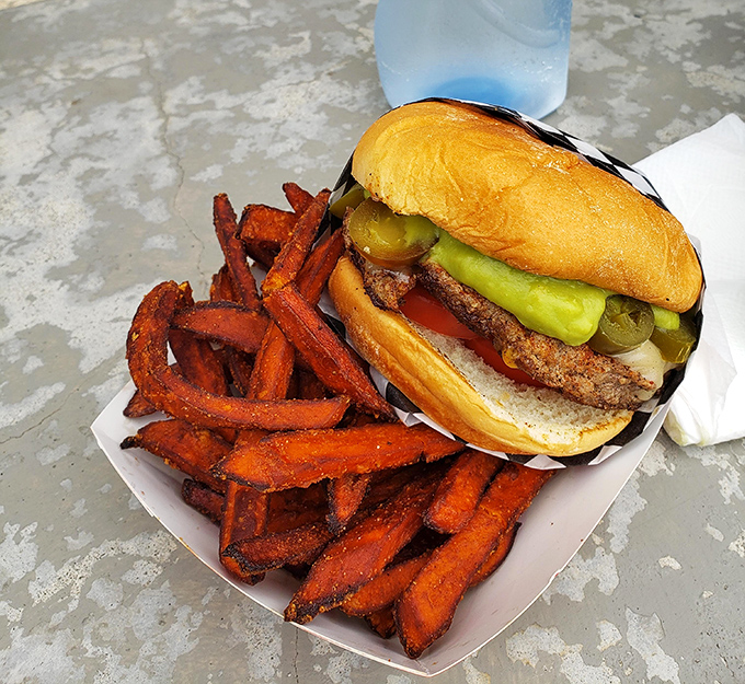 The star of the show: a perfectly crafted burger where California's favorite fruit &ndash; the mighty avocado &ndash; meets a juicy patty and sweet potato fries.
