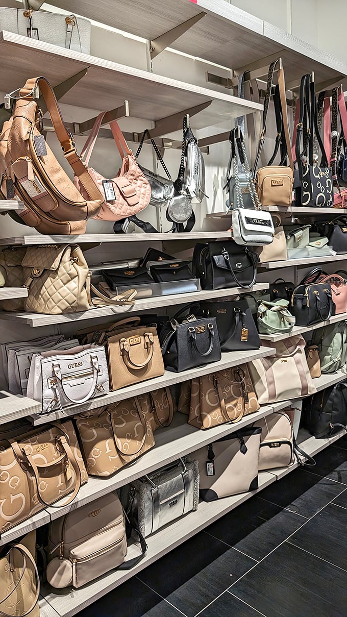 Handbag heaven! Designer purses arranged with the reverence of fine art. Your next conversation piece is waiting, and your credit card might actually survive the introduction.