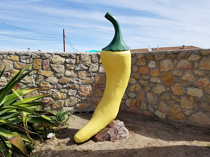 Not to be outdone, this yellow pepper stands sentinel against a stone wall, proving New Mexico celebrates its chile heritage in every vibrant hue.
