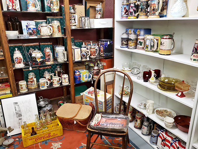 Beer steins and collectible mugs stand at attention like tiny soldiers from different eras, each one having toasted countless celebrations across generations.