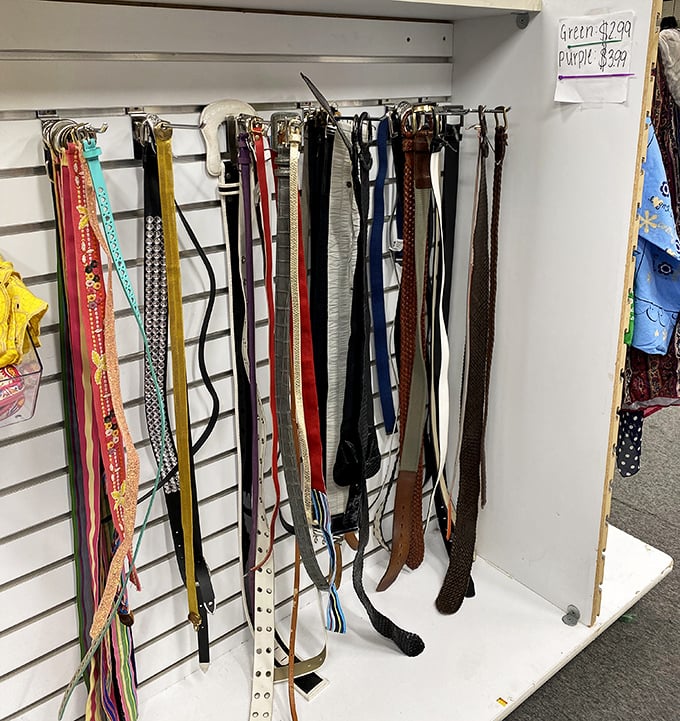 The belt collection dangles like fashion possibilities – from studded statements to classic leather, each with stories woven into every inch.