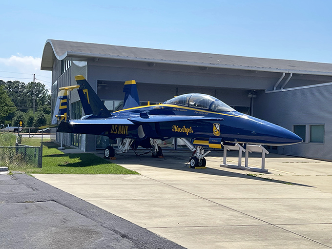 The Blue Angels' F/A-18 Hornet gleams in its iconic cobalt blue livery&mdash;aviation's equivalent of a rockstar's tour bus parked outside your local coffee shop.