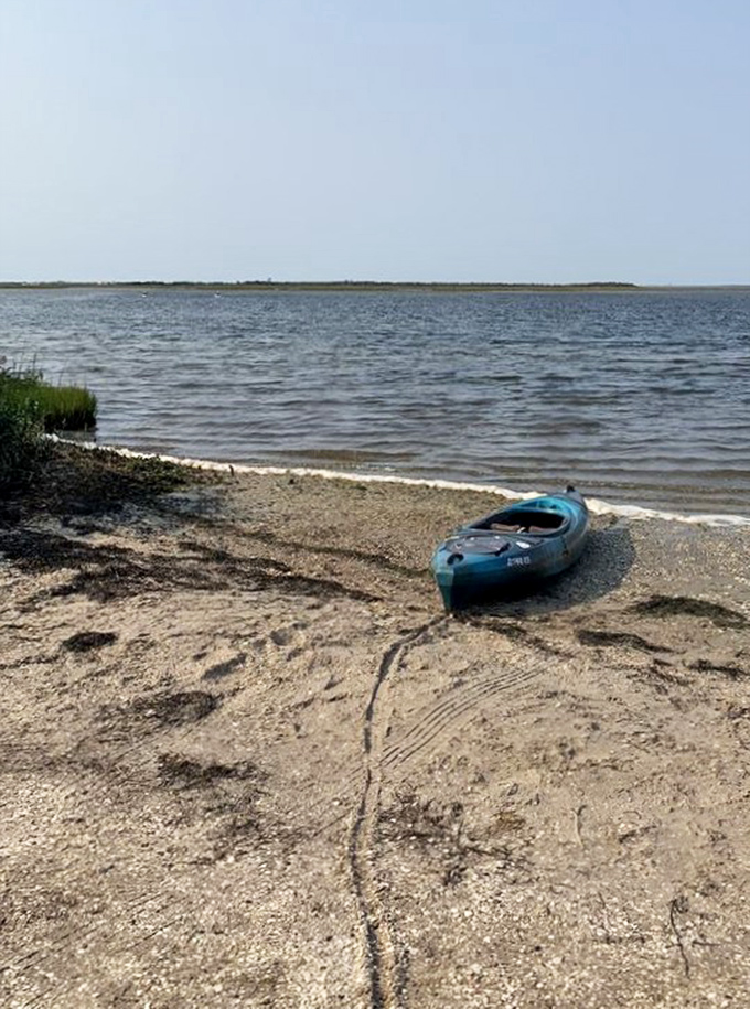 A lone kayak rests on the bay shore, patiently waiting for its next adventure across Barnegat's calm waters.