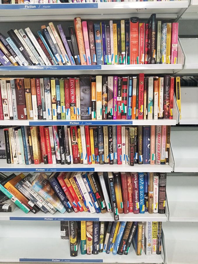 Each spine tells a story waiting to be taken home. Fiction shelves packed with literary adventures cost less than your morning latte.