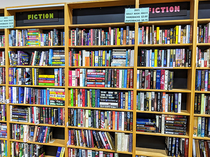 Literary heaven stretches floor-to-ceiling, where forgotten bestsellers and hidden gems await their next eager reader.