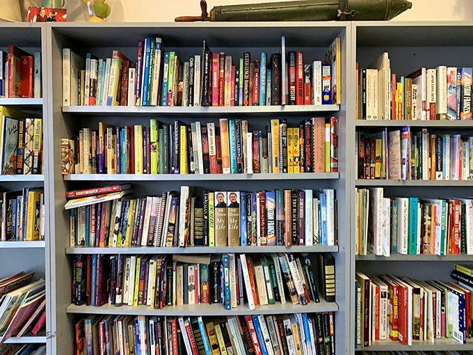 Books organized on actual shelves like a real library, except everything costs less than your morning latte habit.