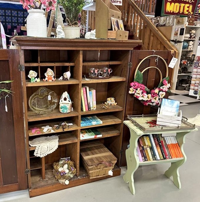 This isn't just a bookshelf; it's a time capsule with compartments. Each cubby holds someone's childhood memory or grandmother's prized knickknack.