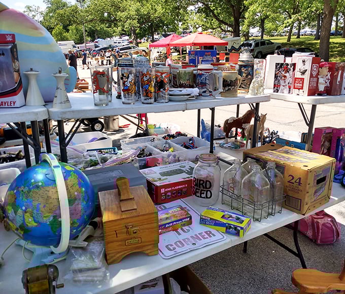 Not just containers, but time capsules. Colorful glassware and collectibles await new homes among globes and wooden treasures.