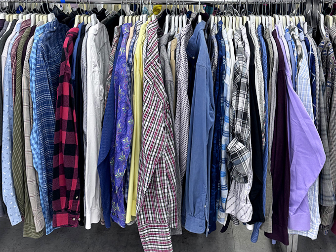 The men's shirt section offers more patterns than a 1970s wallpaper catalog, with options for both job interviews and backyard barbecues.