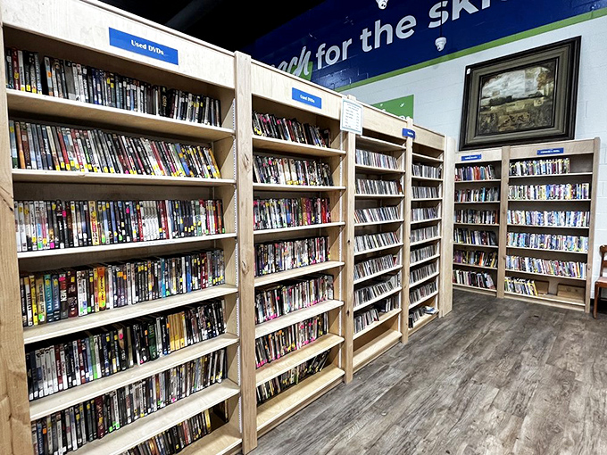A bibliophile's dream come true! Rows of DVDs and media stretch as far as the eye can see, organized with surprising precision.