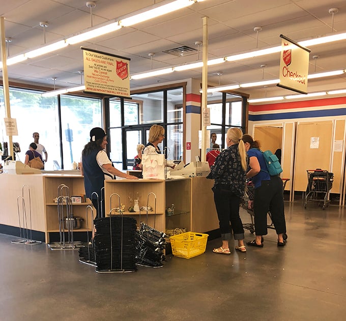 The checkout area: where thrifting victories are tallied and the friendly staff might just share tips for your next visit.