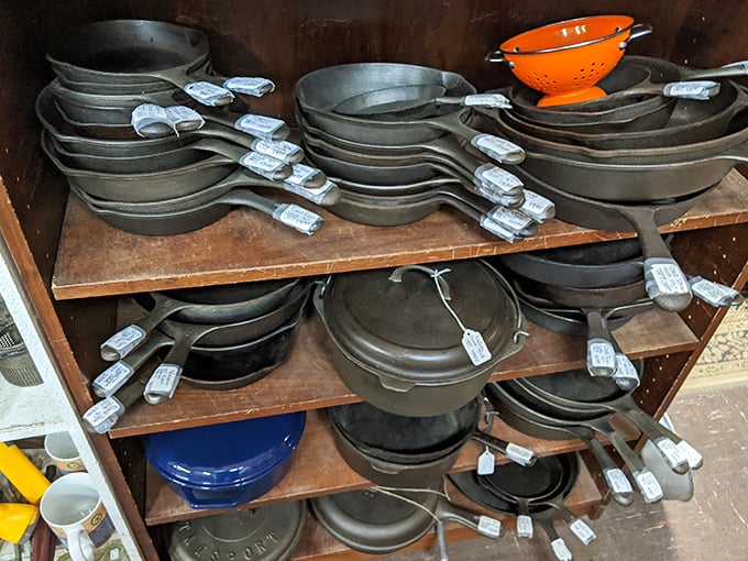Cast iron heaven! These seasoned beauties have cooked thousands of meals and are ready for thousands more. That bright orange colander is the exclamation point in a paragraph of history.