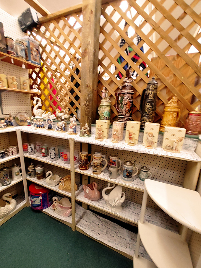 German steins and decorative ceramics stand at attention, each one with stories to tell of Oktoberfests long past.
