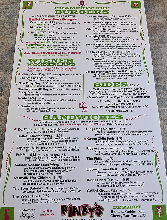 Pinky's menu reads like a fever dream of comfort food – where else can you order something called "White Trash" and have it be the highlight of your week?
