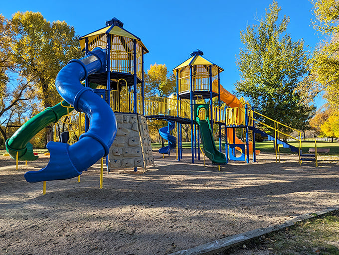 This playground might not have Wi-Fi, but the connection kids make with those blue slides creates memories stronger than any signal.