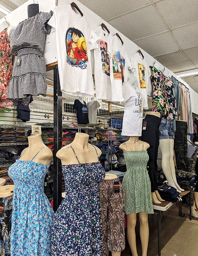 Fashion finds hanging in hopeful formation. These anime tees and summer dresses are just waiting to become someone's "I can't believe I only paid..." story.