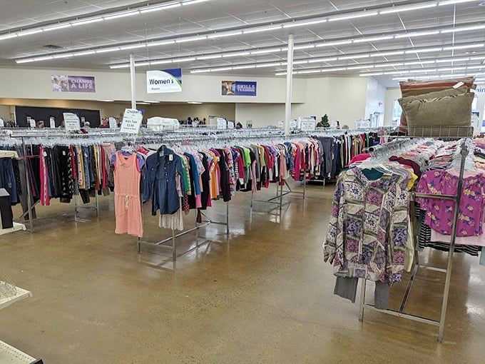 The women's clothing section stretches toward infinity. It's like a textile ocean where fashion trends from every decade come to mingle.