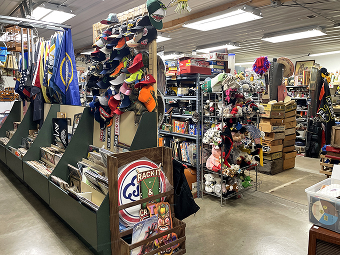 The hat wall alone could outfit a small army of fashionable heads, while vinyl records wait patiently for their analog revival.