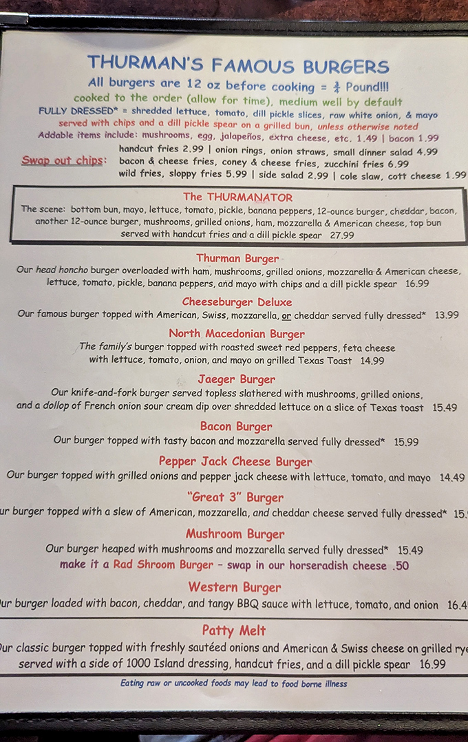 The menu reads like a manifesto for the burger revolution. When they say "Famous Burgers," they're not being presumptuous&mdash;they're being modest.