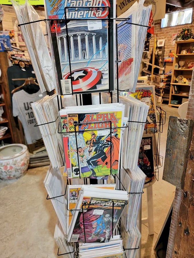 Superhero stories waiting to be rediscovered. These comic book racks hold childhood memories and collector dreams between their colorful covers.