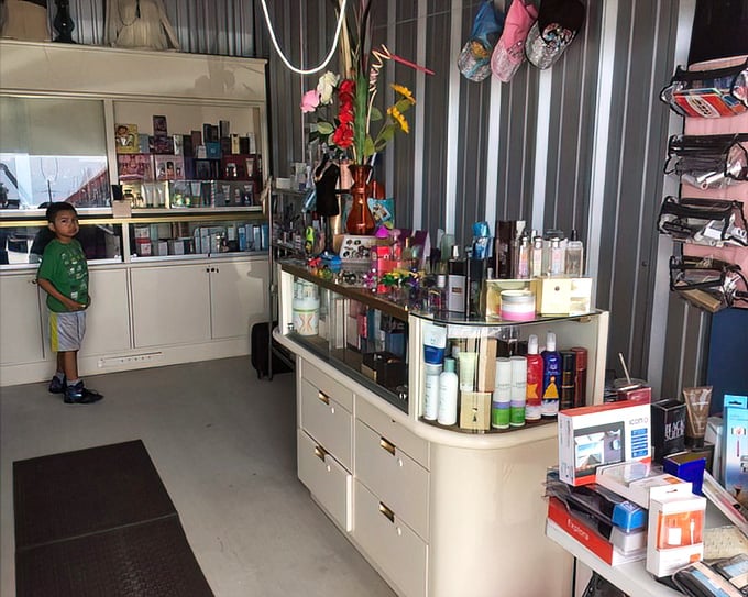 Beauty products line the shelves like a department store decided to go casual and moved outside.