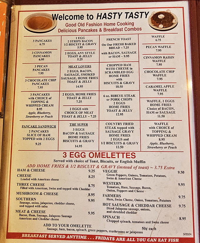 The menu tells you everything you need to know: straightforward comfort food with no pretension. The "Super" breakfast combo isn't kidding around.