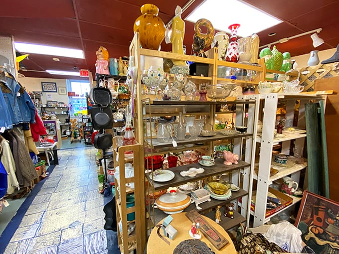 Glassware heaven! From Depression glass to mid-century modern, these shelves tell America's story one drinking vessel at a time.
