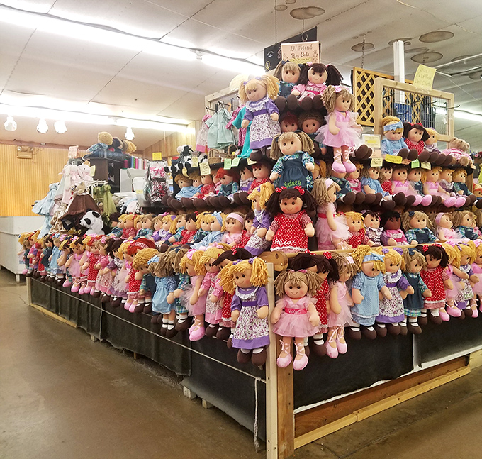 An army of dolls stands at attention, waiting to report for grandchild-spoiling duty at reasonable prices.